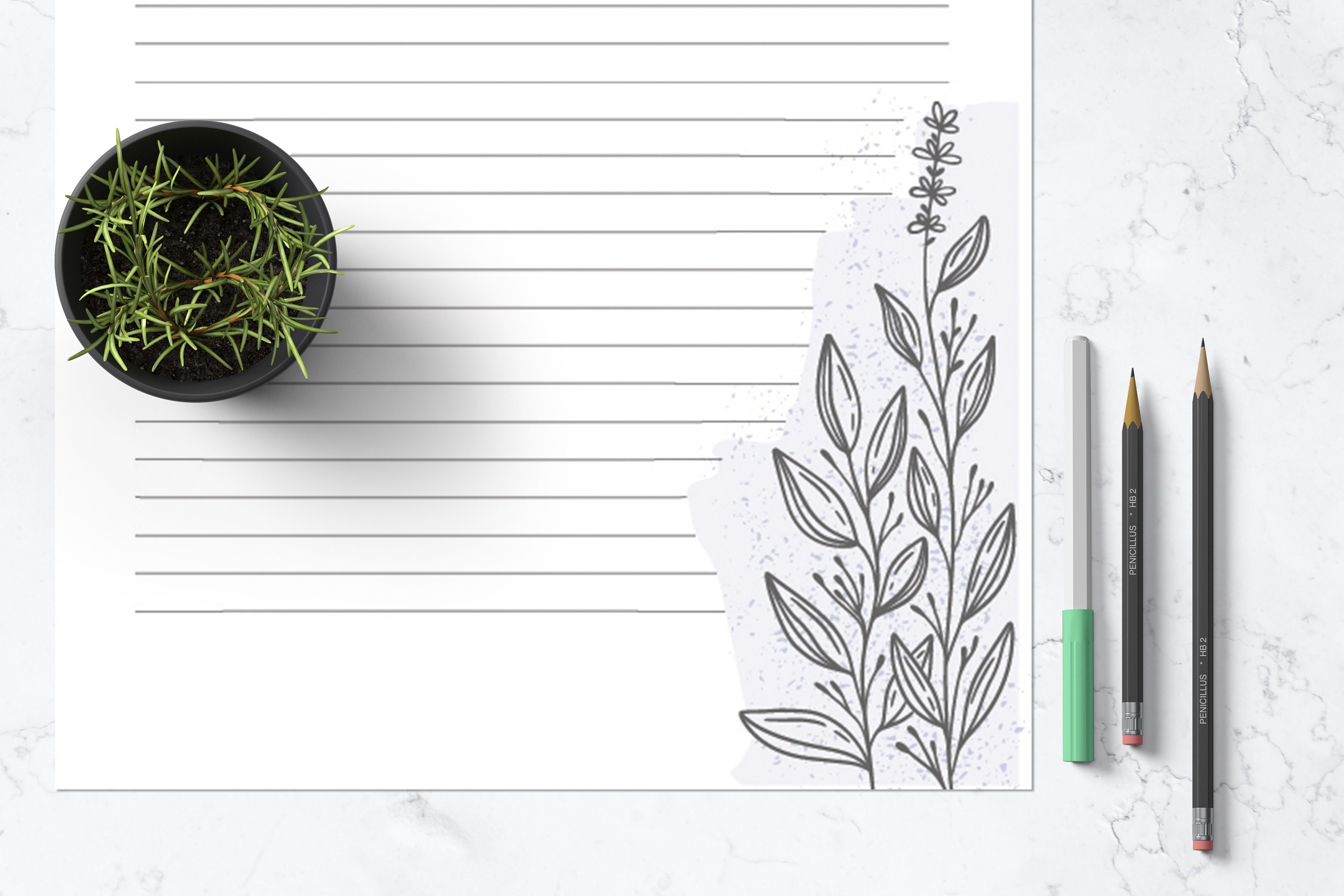 Printable Journal Paper Stationery Set, Minimalist Border Grey Line Art ...