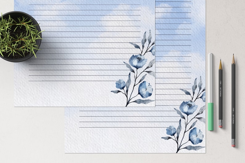 Blue Floral Stationery Writing Paper Set, Printable Watercolor Clouds ...