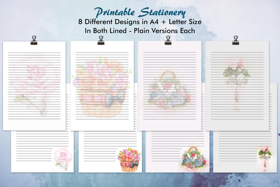 Floral Letter Writing Printable Stationery Paper Set, Set of 8 Journal ...