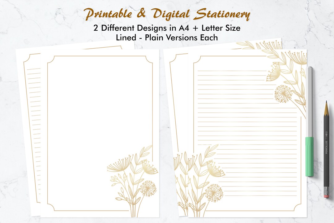 Golden Line Art Floral Lined Journal Paper Set, Printable Minimalist ...