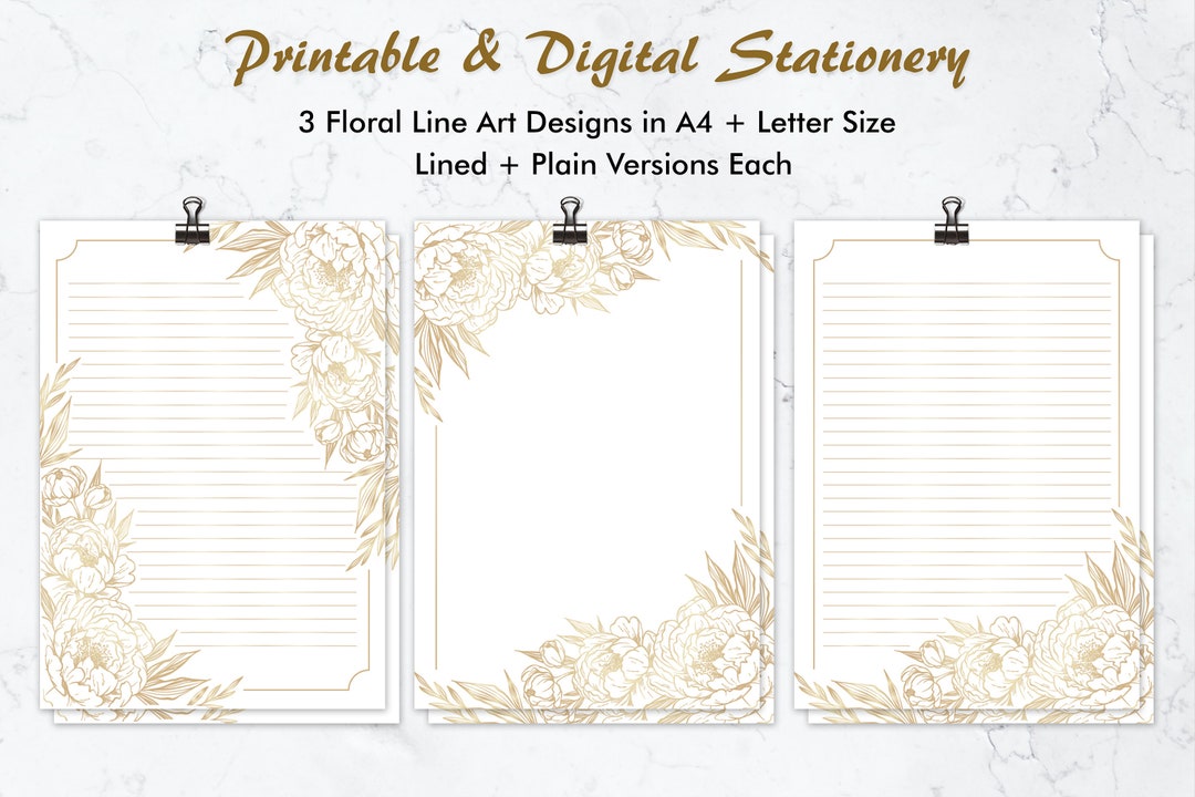 Golden Floral Line Art Writing Paper Set for Kids, Printable Letter ...