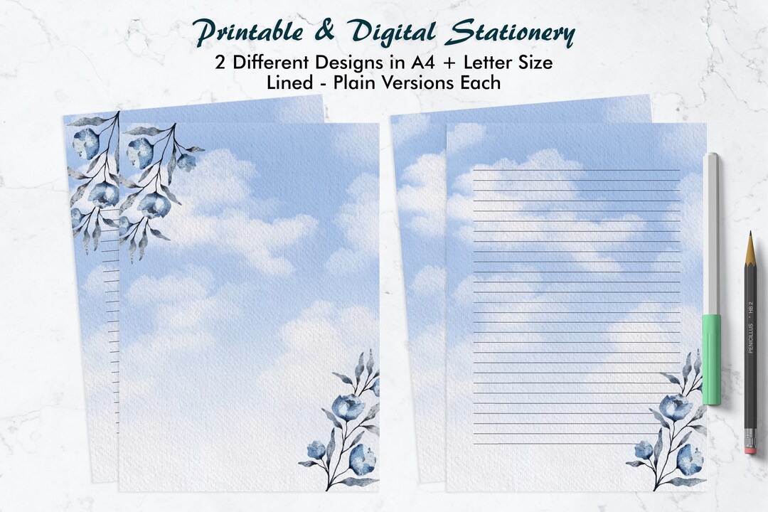Blue Floral Stationery Writing Paper Set, Printable Watercolor Clouds ...