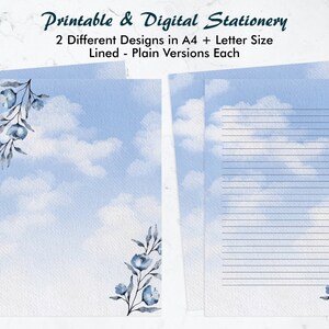 Blue Floral Stationery Writing Paper Set, Printable Watercolor Clouds ...
