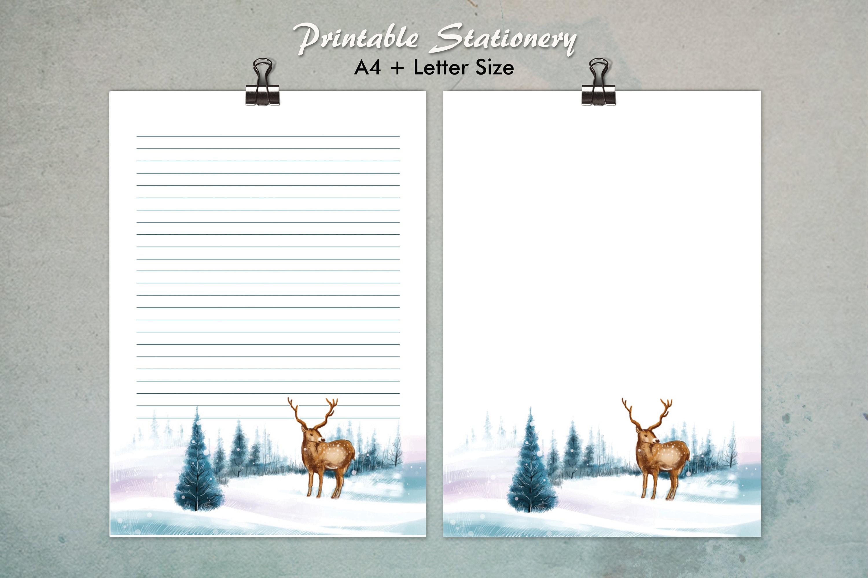 Winter Printable Writing Notepaper Stationery, Winter Deer in the Snow ...