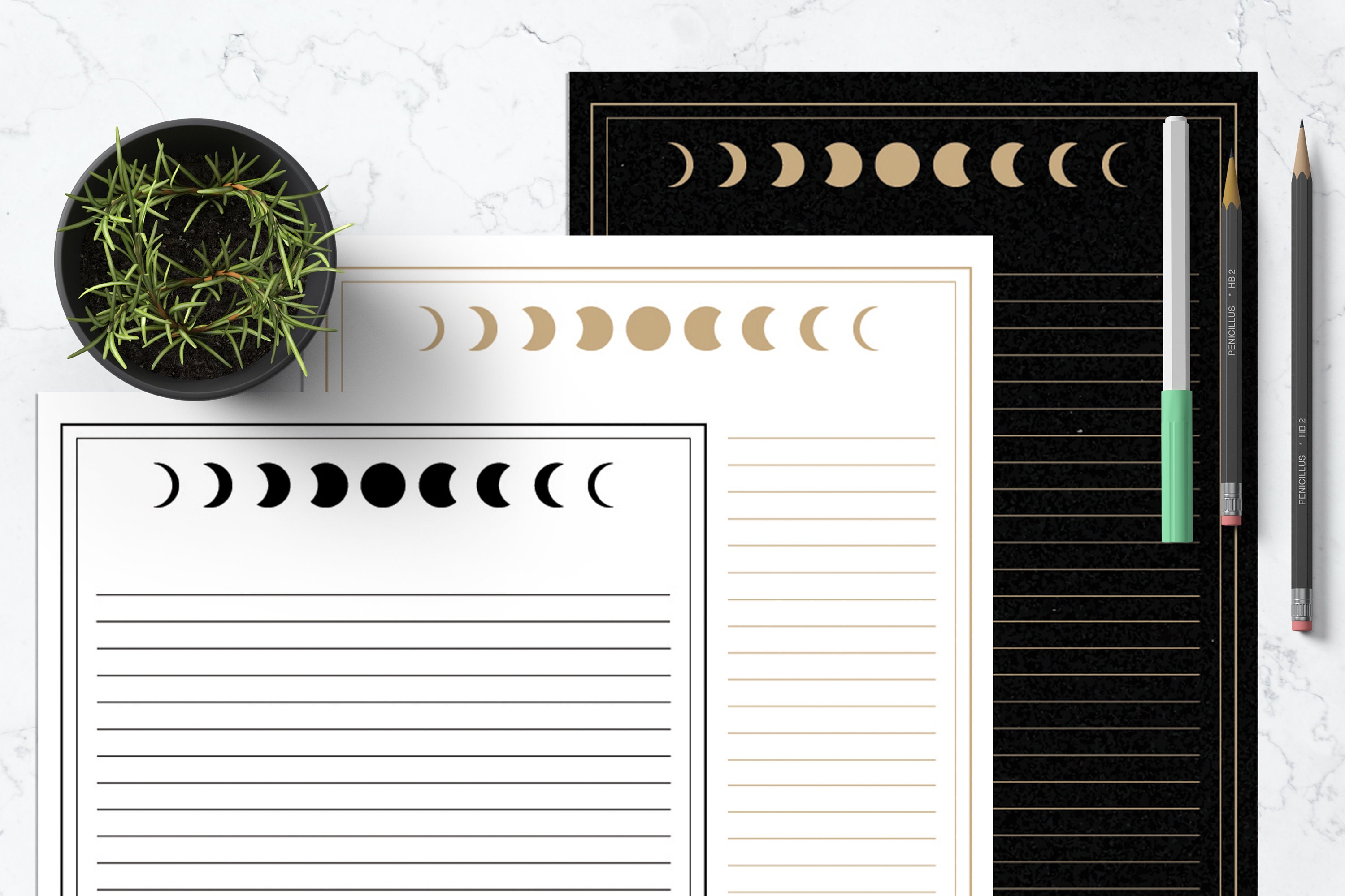 Celestial Moon Phases Illustration Lined Writing Paper Stationery Set ...