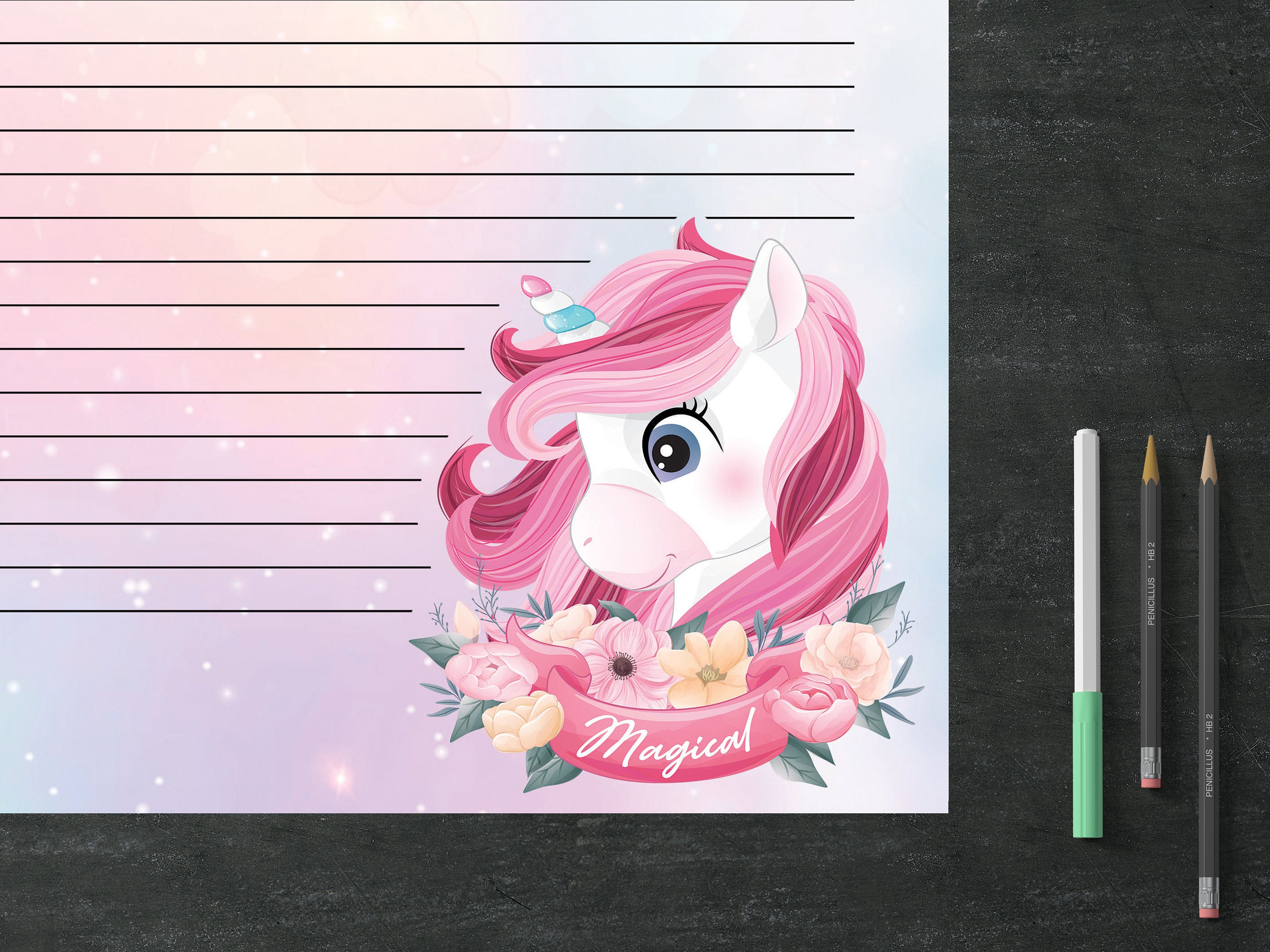 Printable Letter Writing Notepaper Stationery Set, Unicorn Magical ...