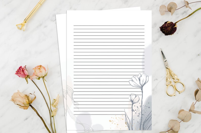 Floral Line Art Printable Lined Unlined Journal Stationery Set for Kids ...