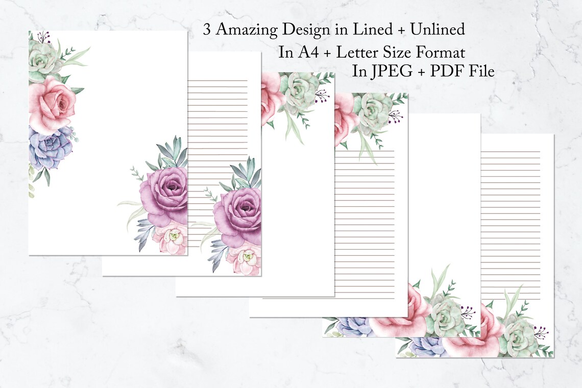 Floral Printable Stationery Lined Unlined Writing Paper Set, Printable ...