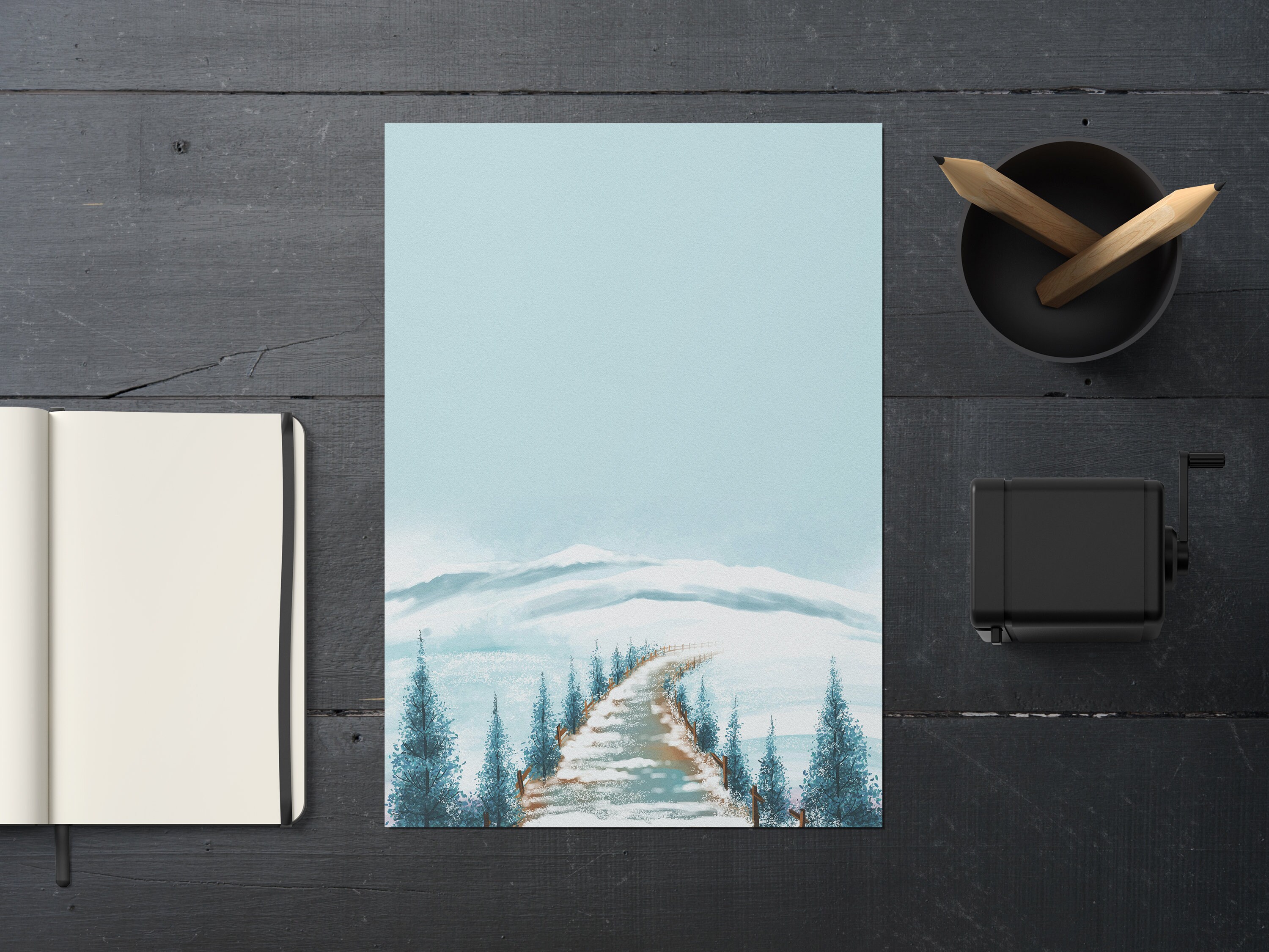 Printable Letter Writing Stationery Winter Landscape With Snowy ...