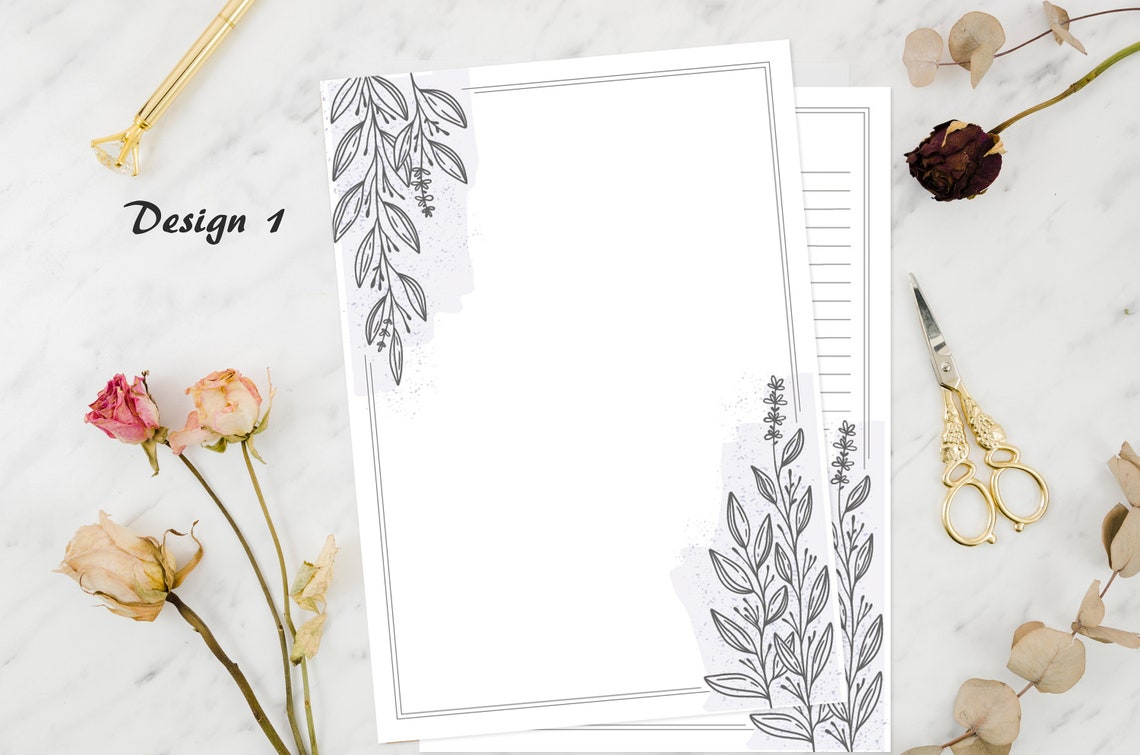 Printable Journal Paper Stationery Set, Minimalist Border Grey Line Art ...