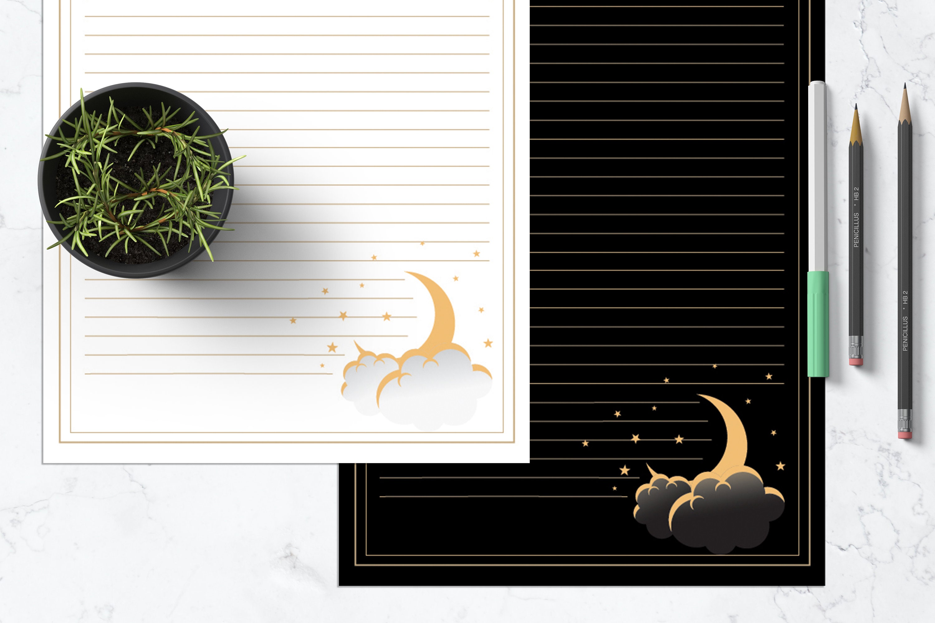 Celestial Moon and Stars Illustration Writing Paper Stationary Set ...