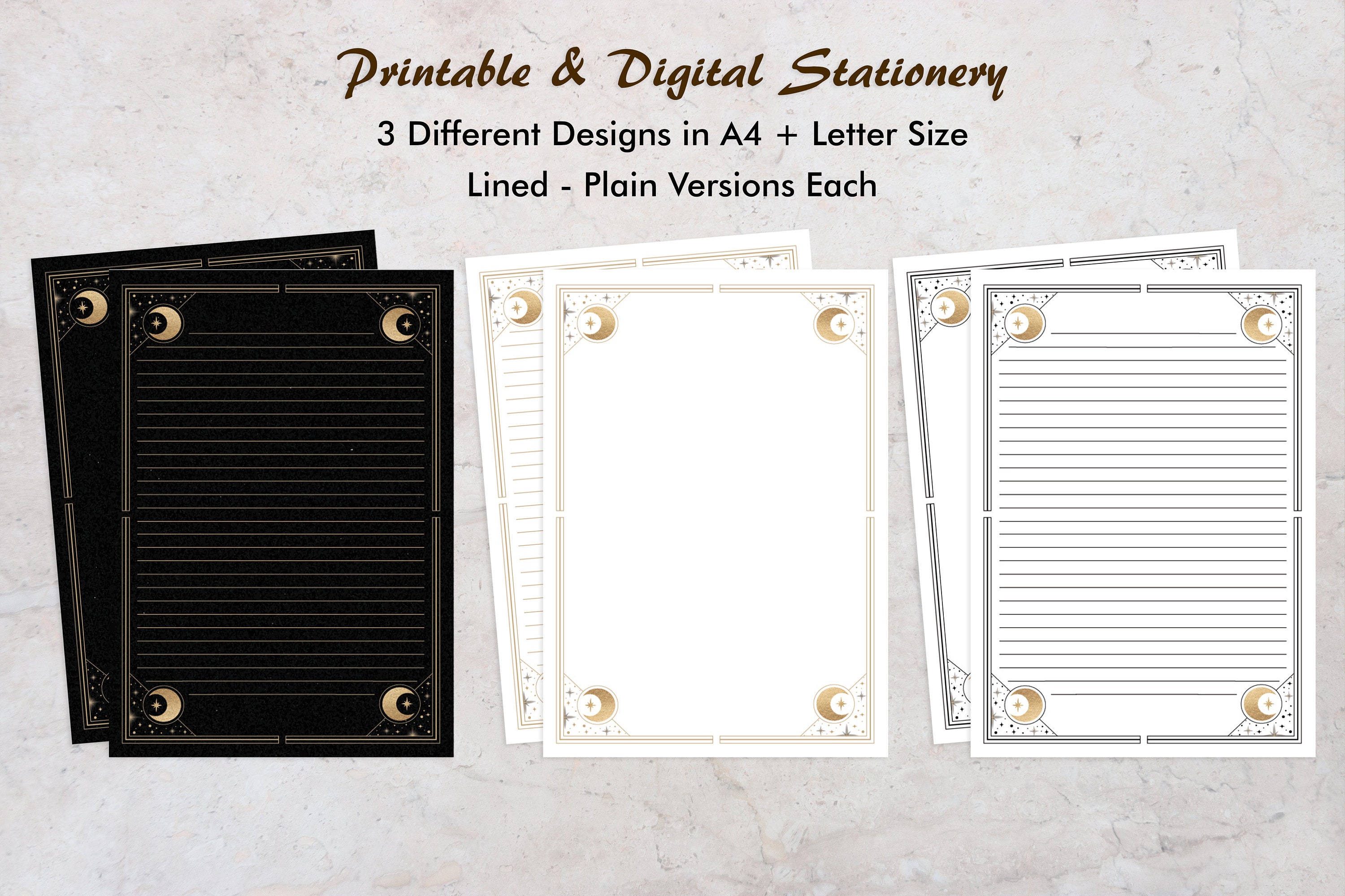 Moon and Stars Celestial Themed Lined Writing Paper Stationery Set ...
