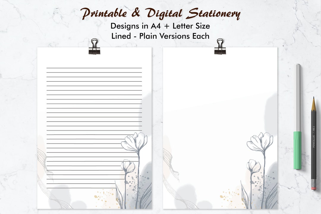 Floral Line Art Printable Lined Unlined Journal Stationery Set for Kids ...