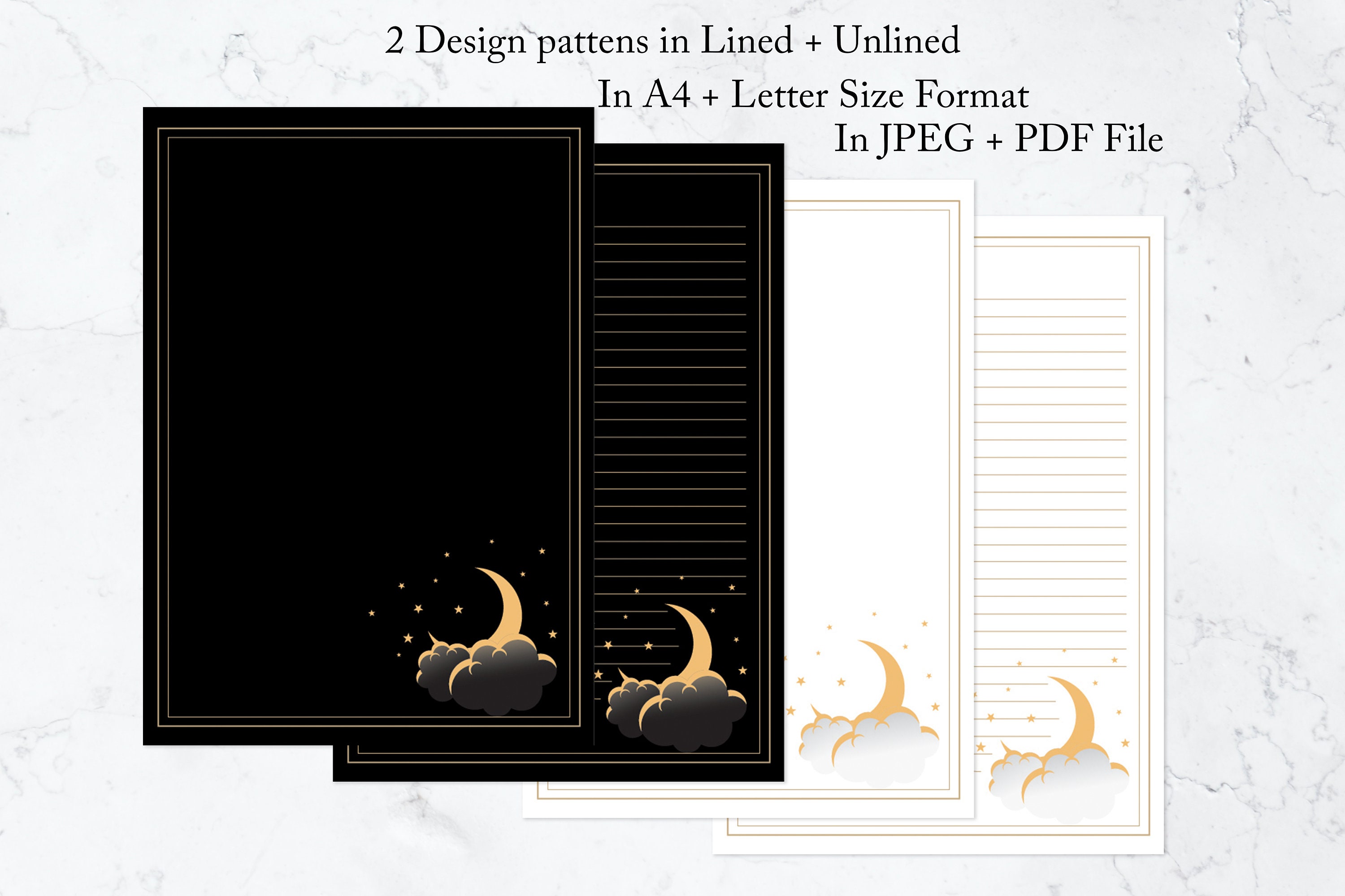 Celestial Moon and Stars Illustration Writing Paper Stationary Set ...