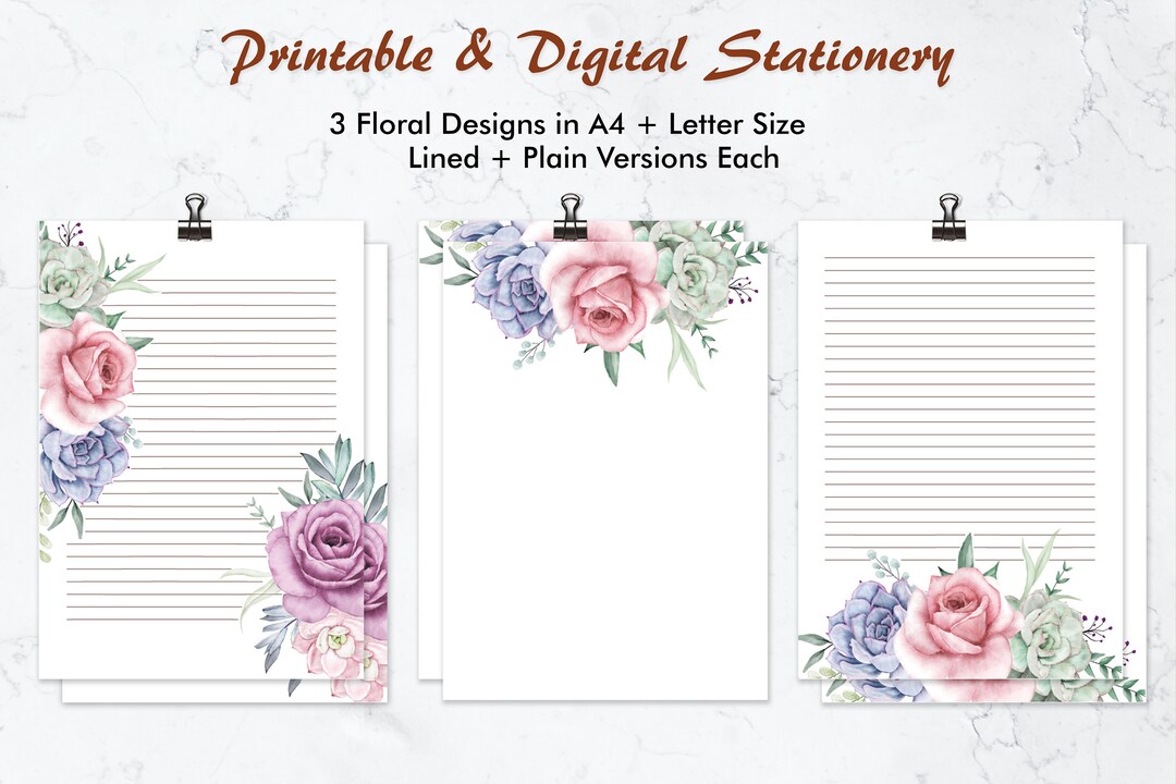 Floral Printable Stationery Lined Unlined Writing Paper Set, Printable ...