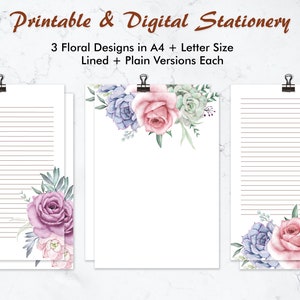 Floral Printable Stationery Lined Unlined Writing Paper Set, Printable ...