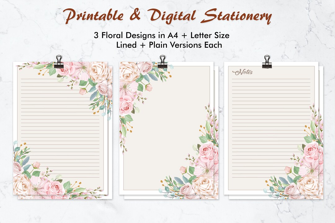 Florals Printable Letter Writing Lined Unlined Stationery Set ...