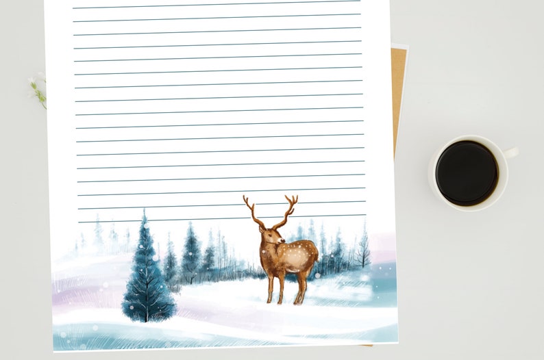 Winter Printable Writing Notepaper Stationery, Winter Deer in the Snow Scene Letter Notepad ...