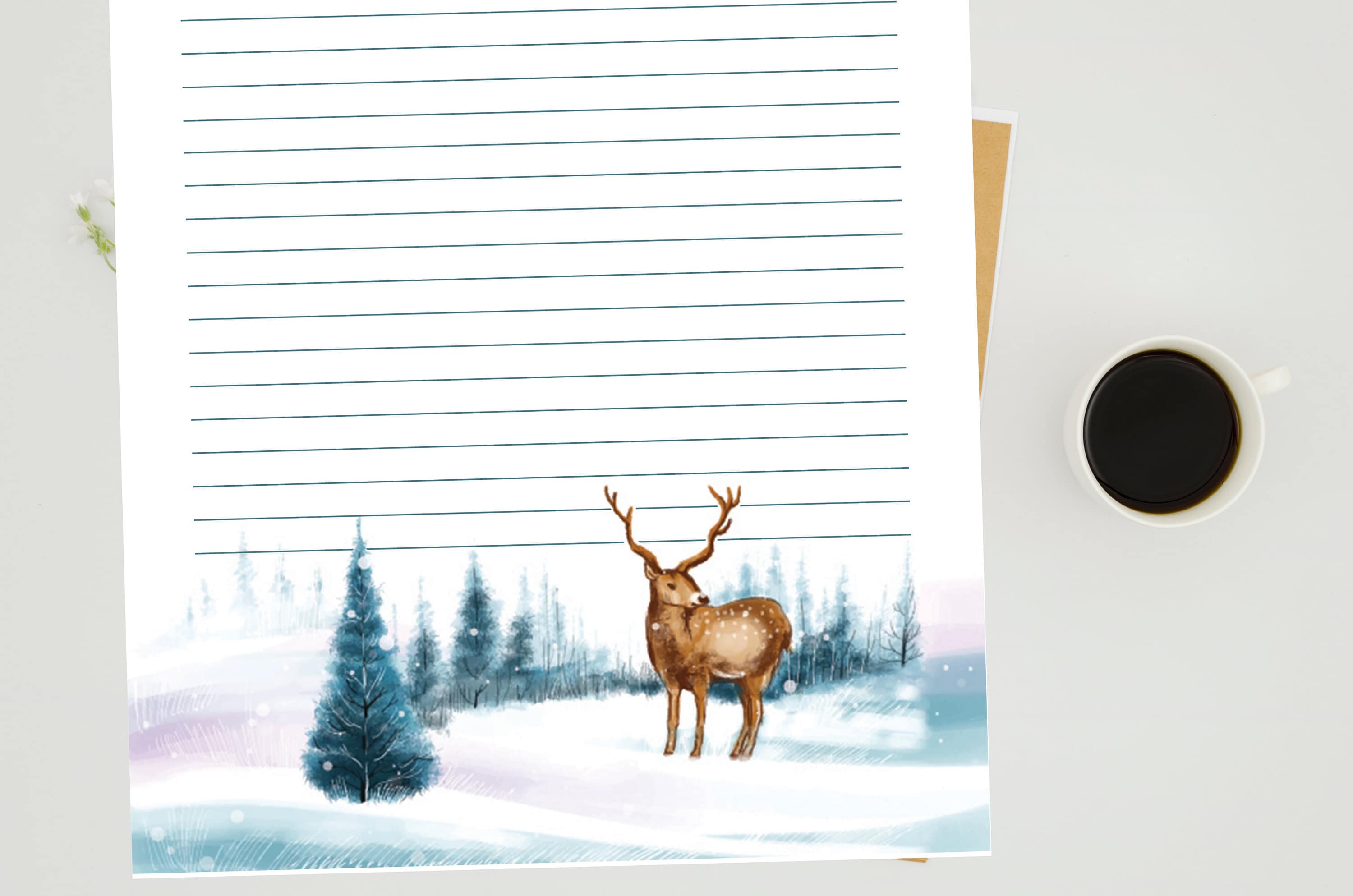 Winter Printable Writing Notepaper Stationery, Winter Deer in the Snow ...