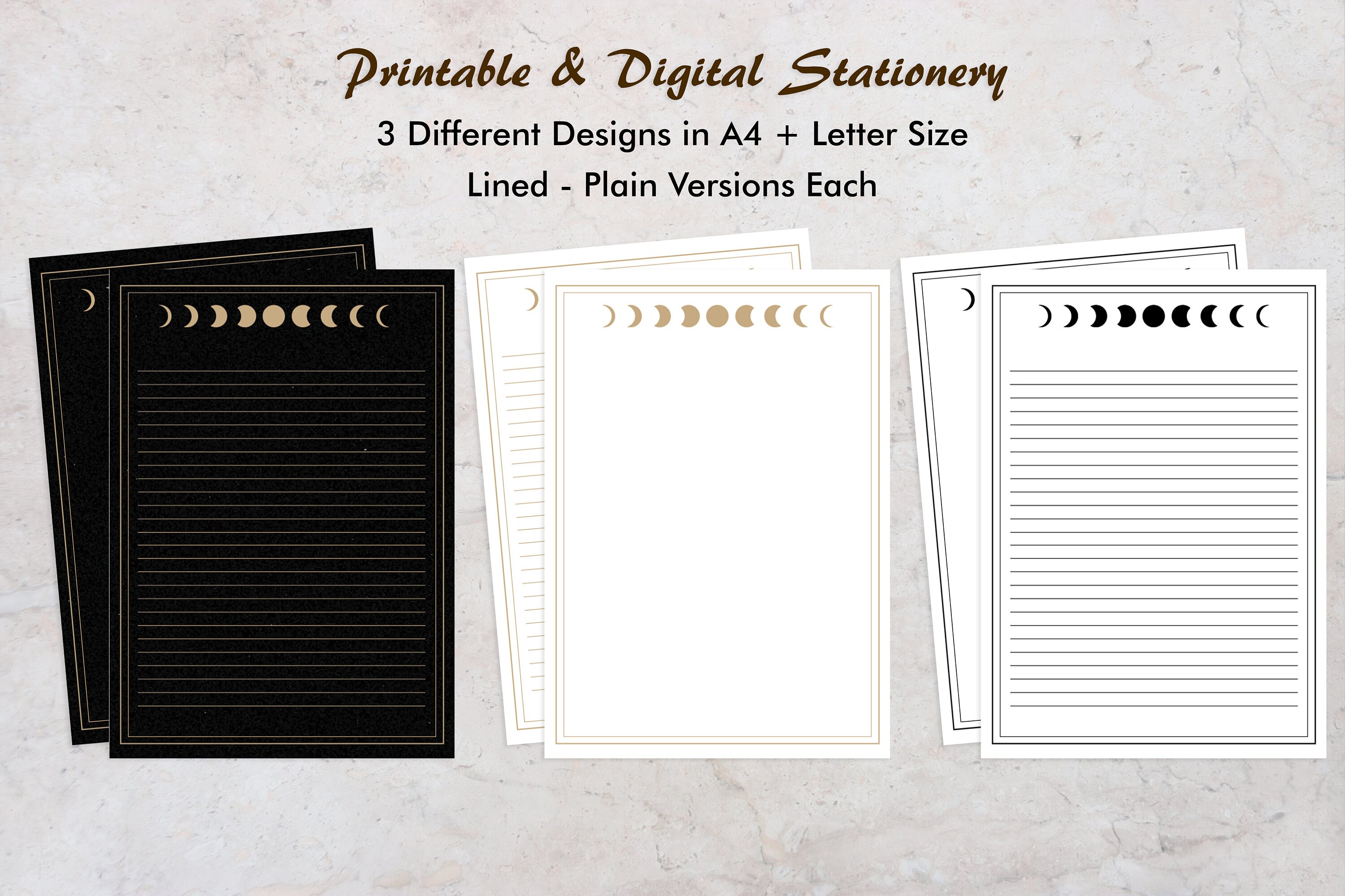 Celestial Moon Phases Illustration Lined Writing Paper Stationery Set ...