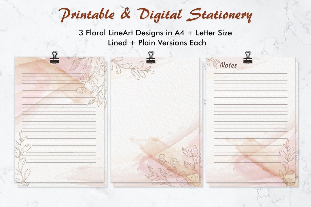 Florals Printable US Letter Writing Lined Unlined Stationery Set ...