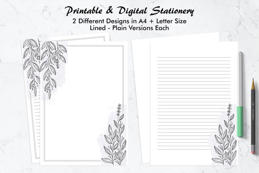 Printable Journal Paper Stationery Set, Minimalist Border Grey Line Art ...