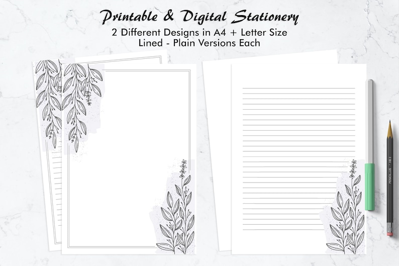 Printable Journal Paper Stationery Set, Minimalist Border Grey Line Art ...