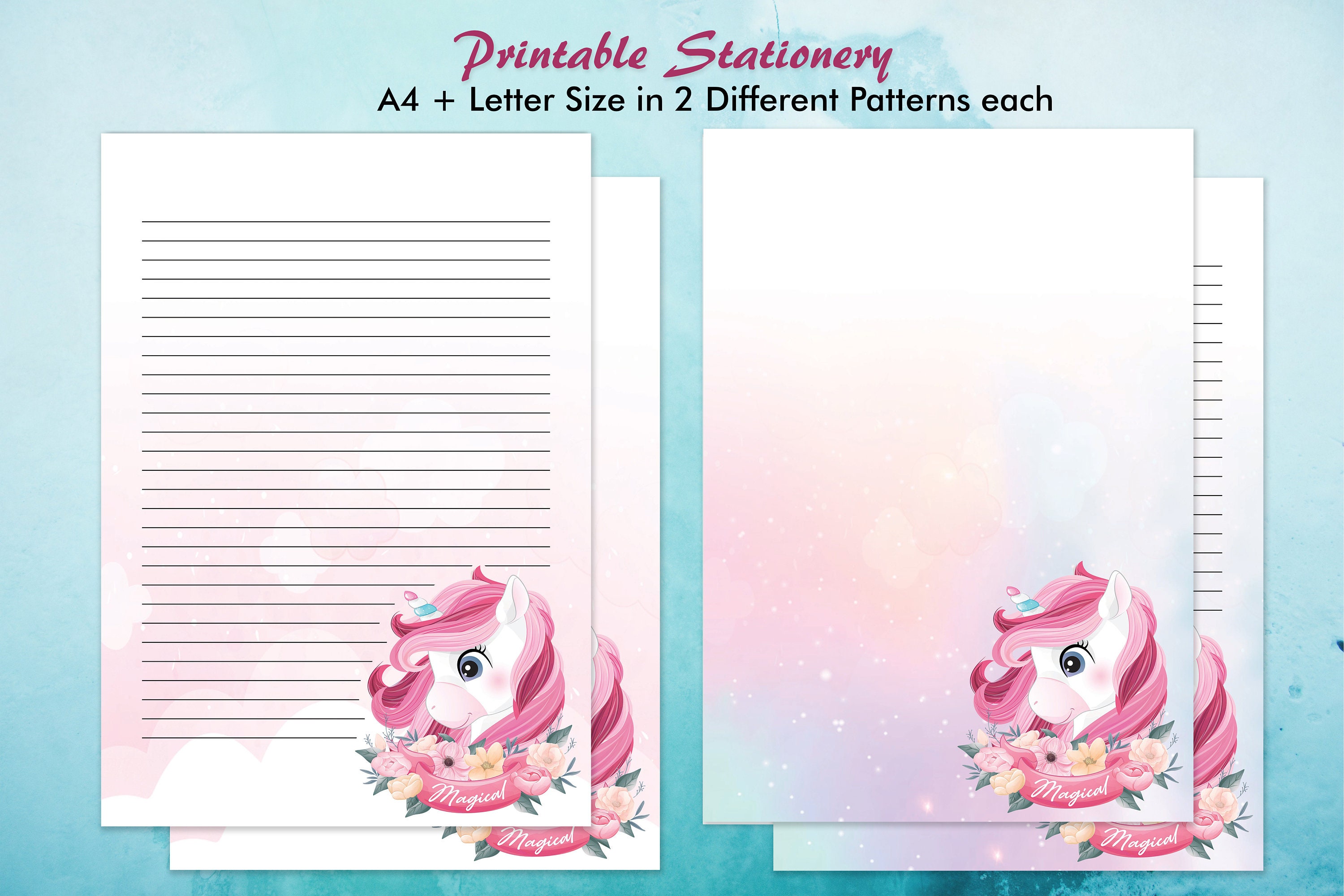 Printable Letter Writing Notepaper Stationery Set, Unicorn Magical ...