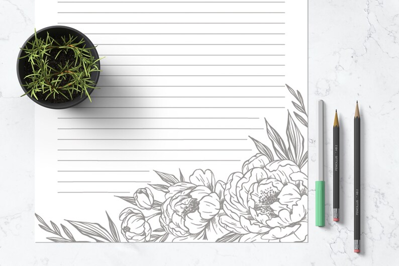 Black Floral Line Art Journal Paper Set for Kids, Printable A4 Letter ...