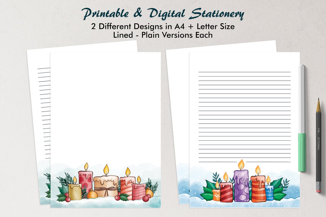 Printable Christmas Candle Note Paper Writing Stationery, Watercolor ...