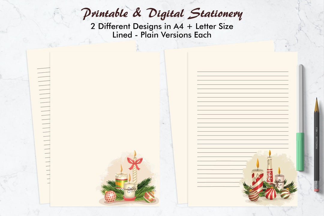 Printable Christmas Candle Letter Writing Stationery, Watercolor Note ...