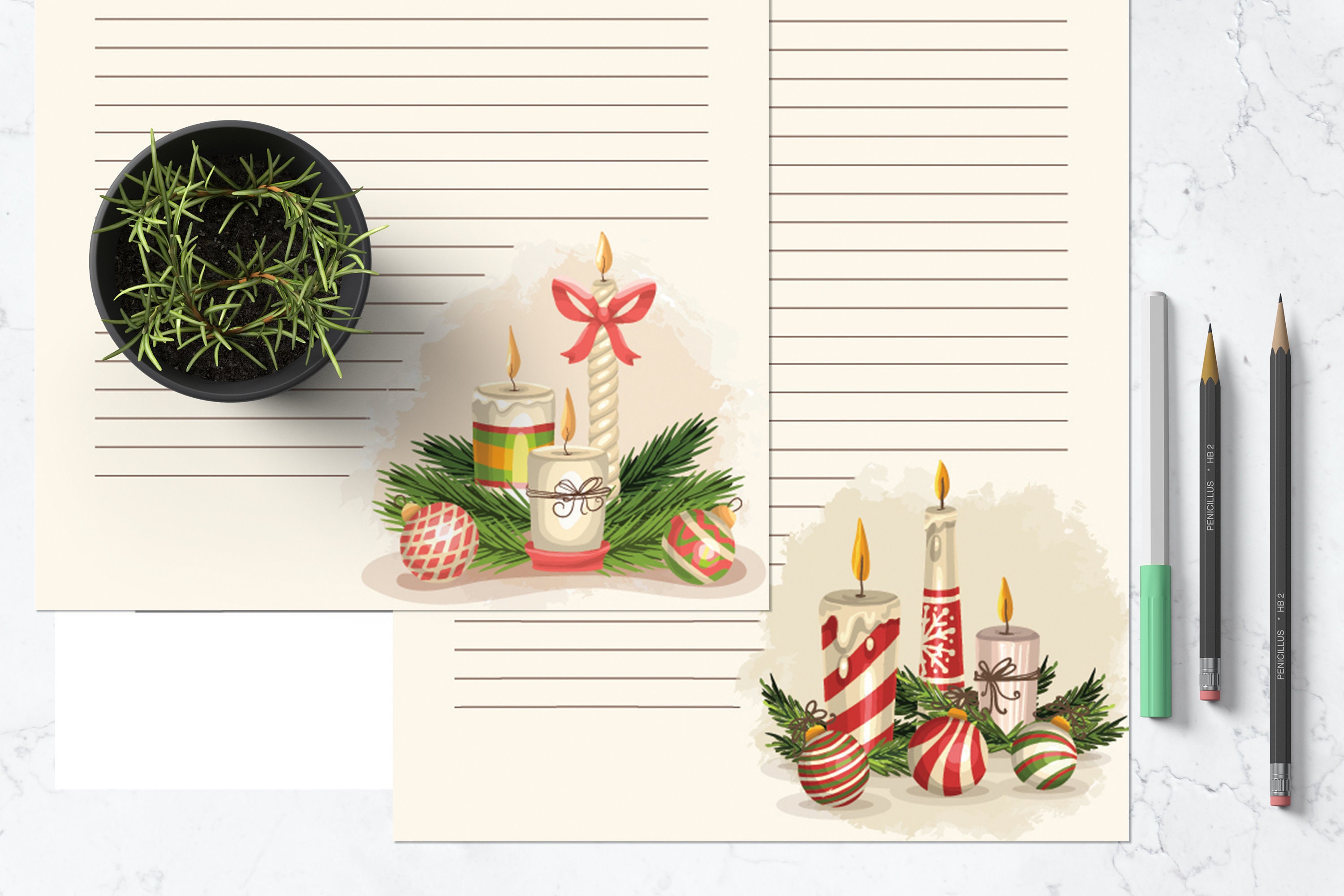 Printable Christmas Candle Letter Writing Stationery, Watercolor Note ...