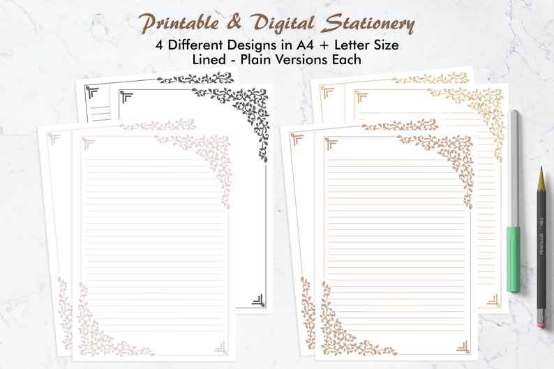 Printable Letter Writing Stationery Set, Minimalist Colored Border Art ...