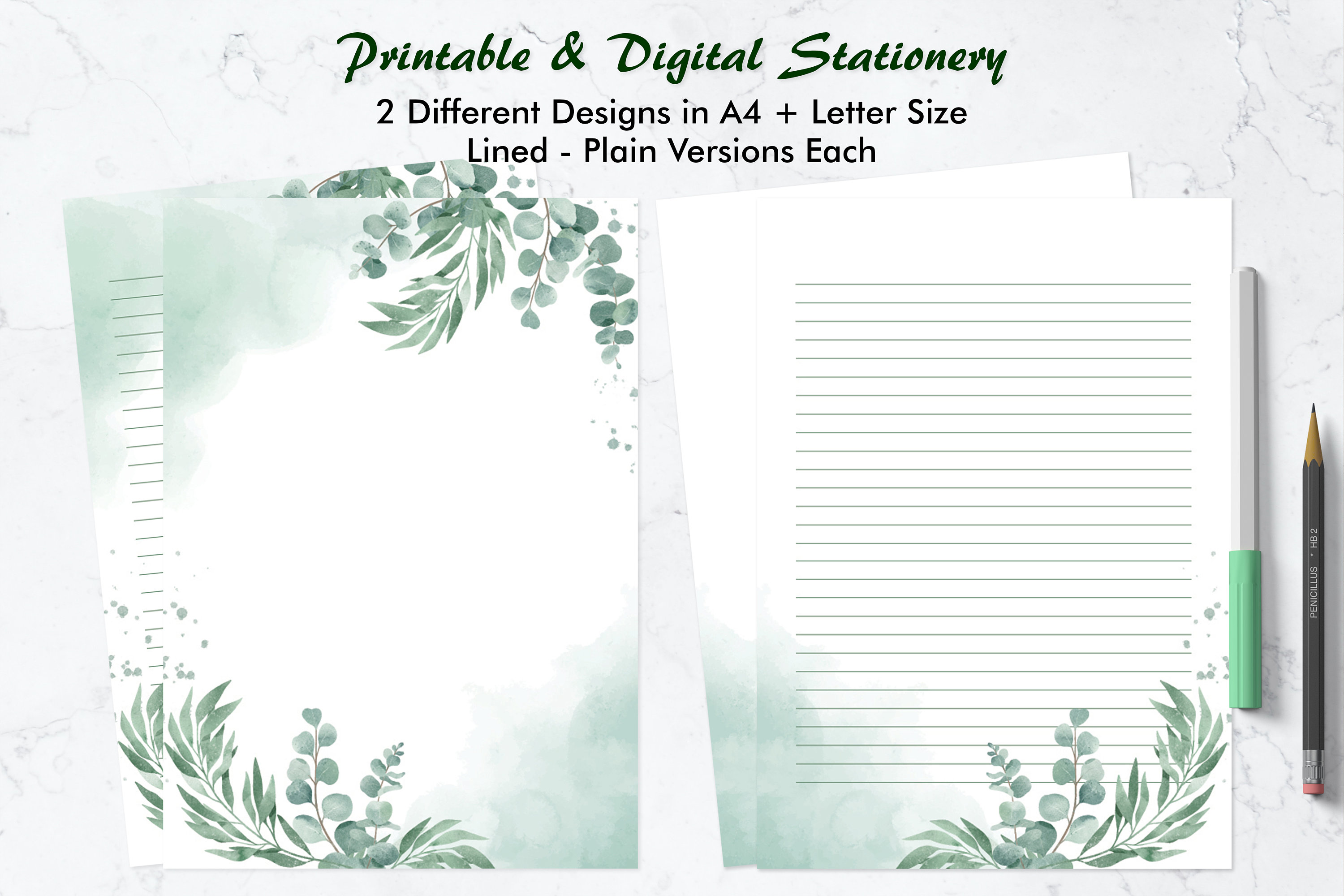 Greenery Printable Lined Unlined Journal Stationery Set for Kids ...