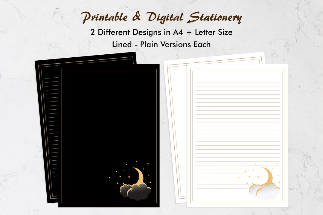 Celestial Moon and Stars Illustration Writing Paper Stationary Set ...