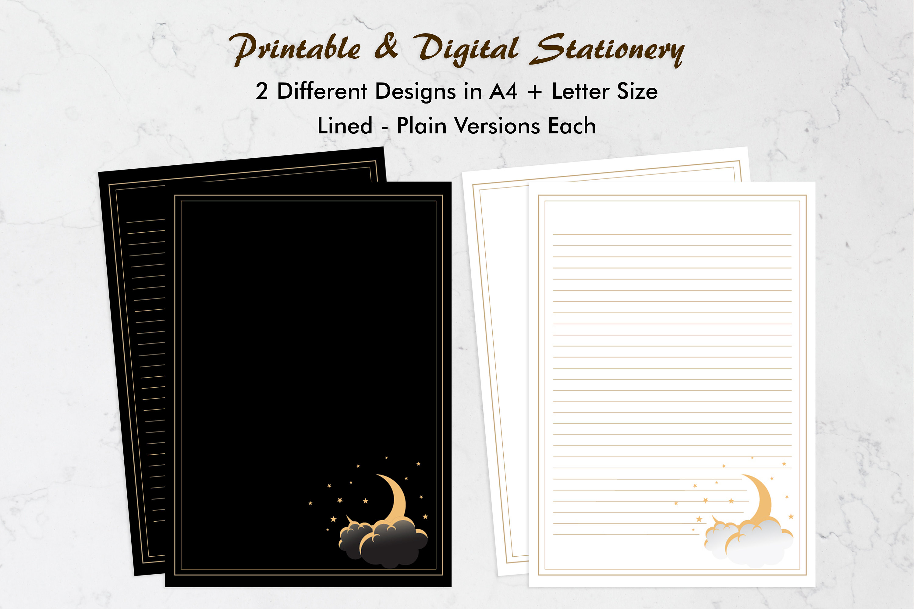 Celestial Moon and Stars Illustration Writing Paper Stationary Set ...