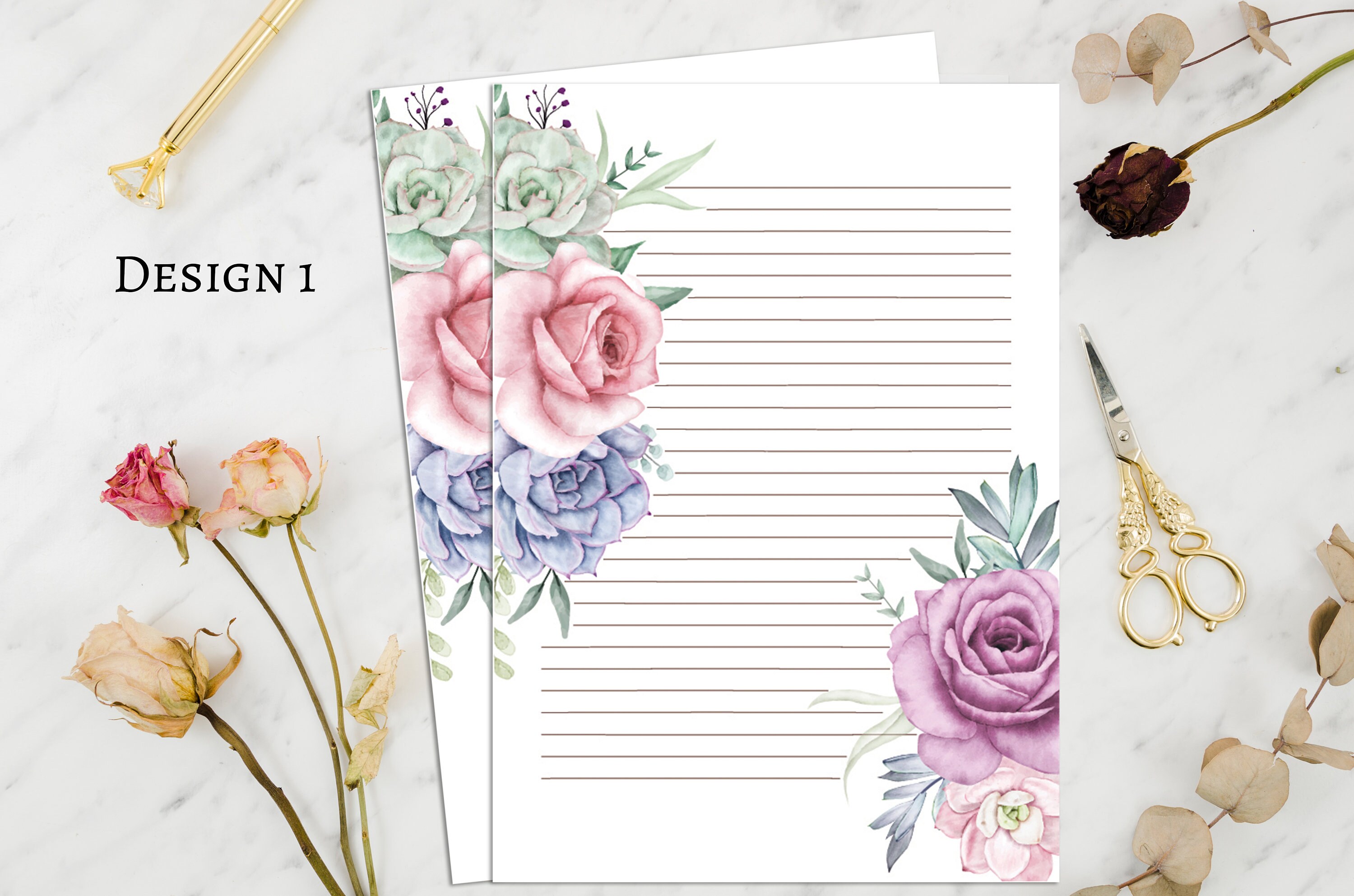 Floral Printable Stationery Lined Unlined Writing Paper Set, Printable ...