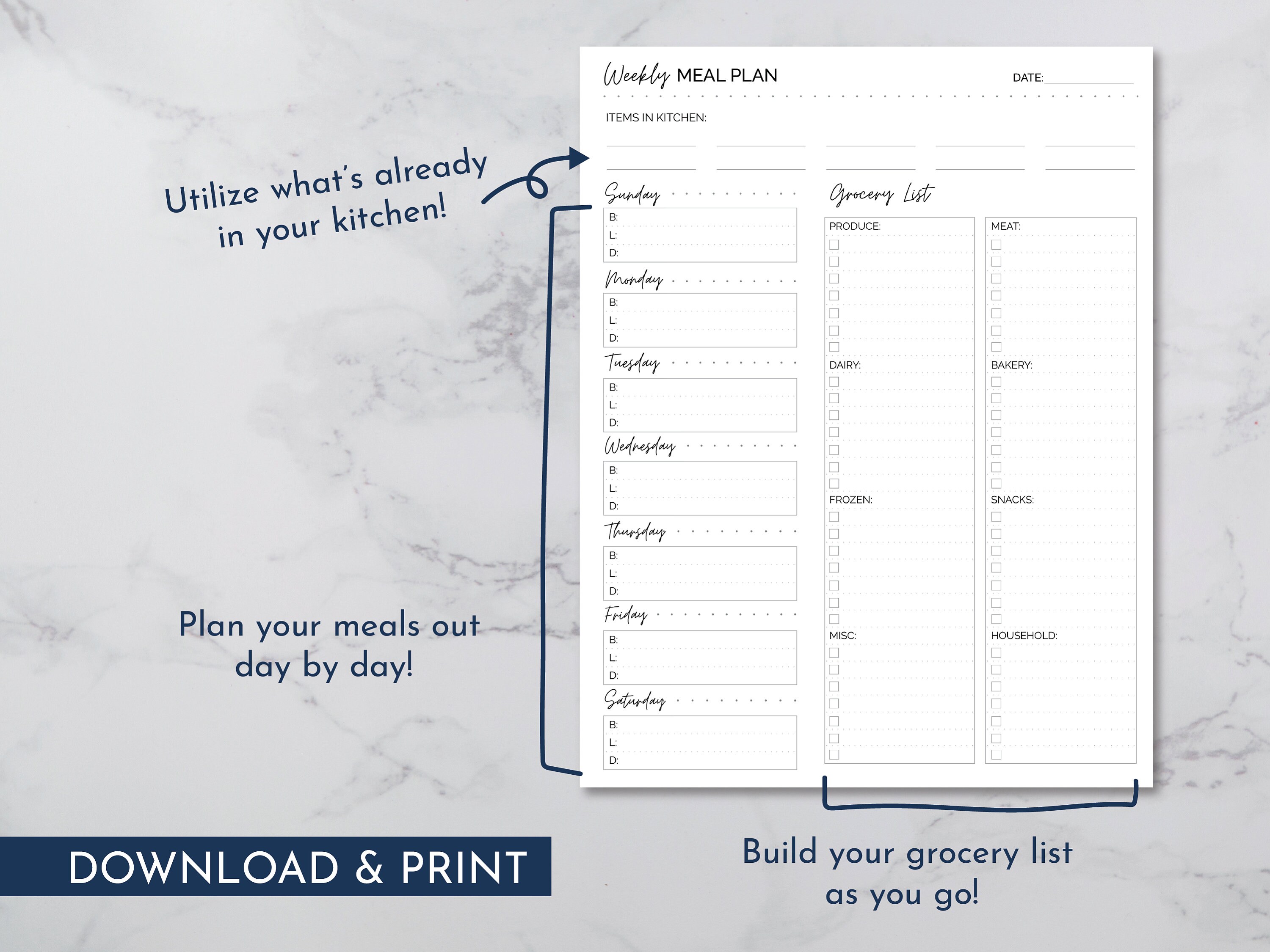 Weekly Meal Planner Printable | Weekly Menu | Grocery List | Download ...