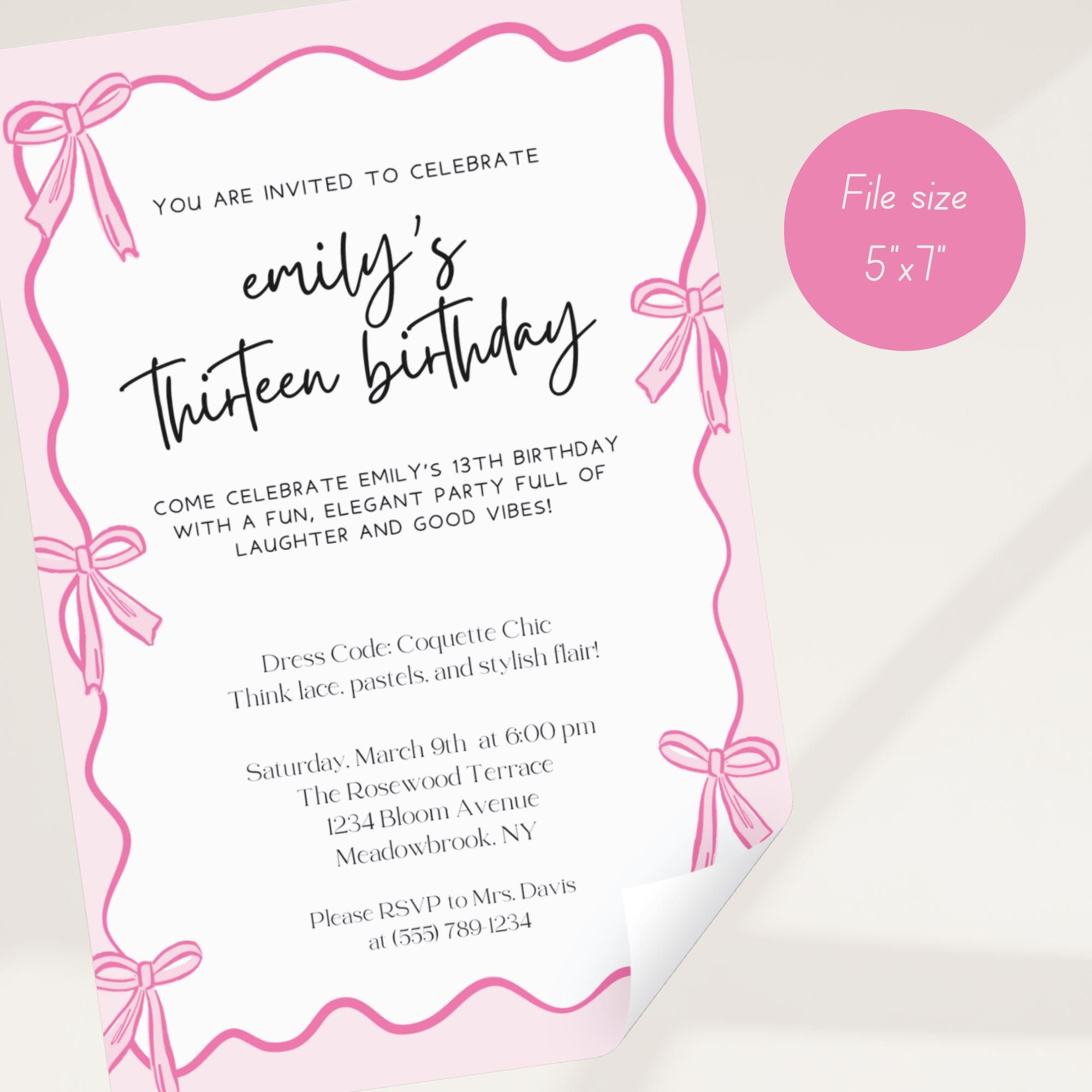 Tween Coquette Birthday Invitation, Tween 13th Birthday Invitation ...