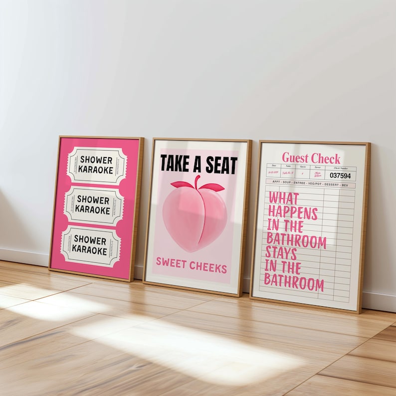 Funny Pink Bathroom Set of 3 Prints Ticket Bathroom Wall Art Trendy ...