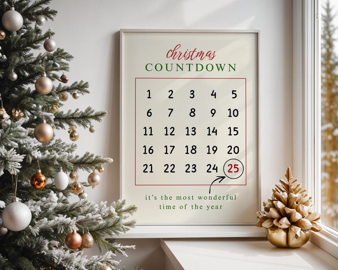 Christmas Countdown Wall Art, Holiday Calendar Printable, Festive ...