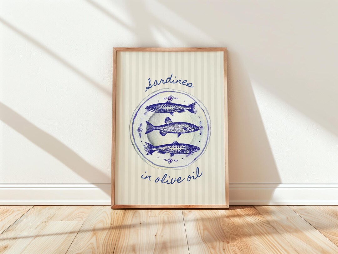 Sardines Plate Art Print, Fish Art Print, Sardines Tinned Print, Blue ...