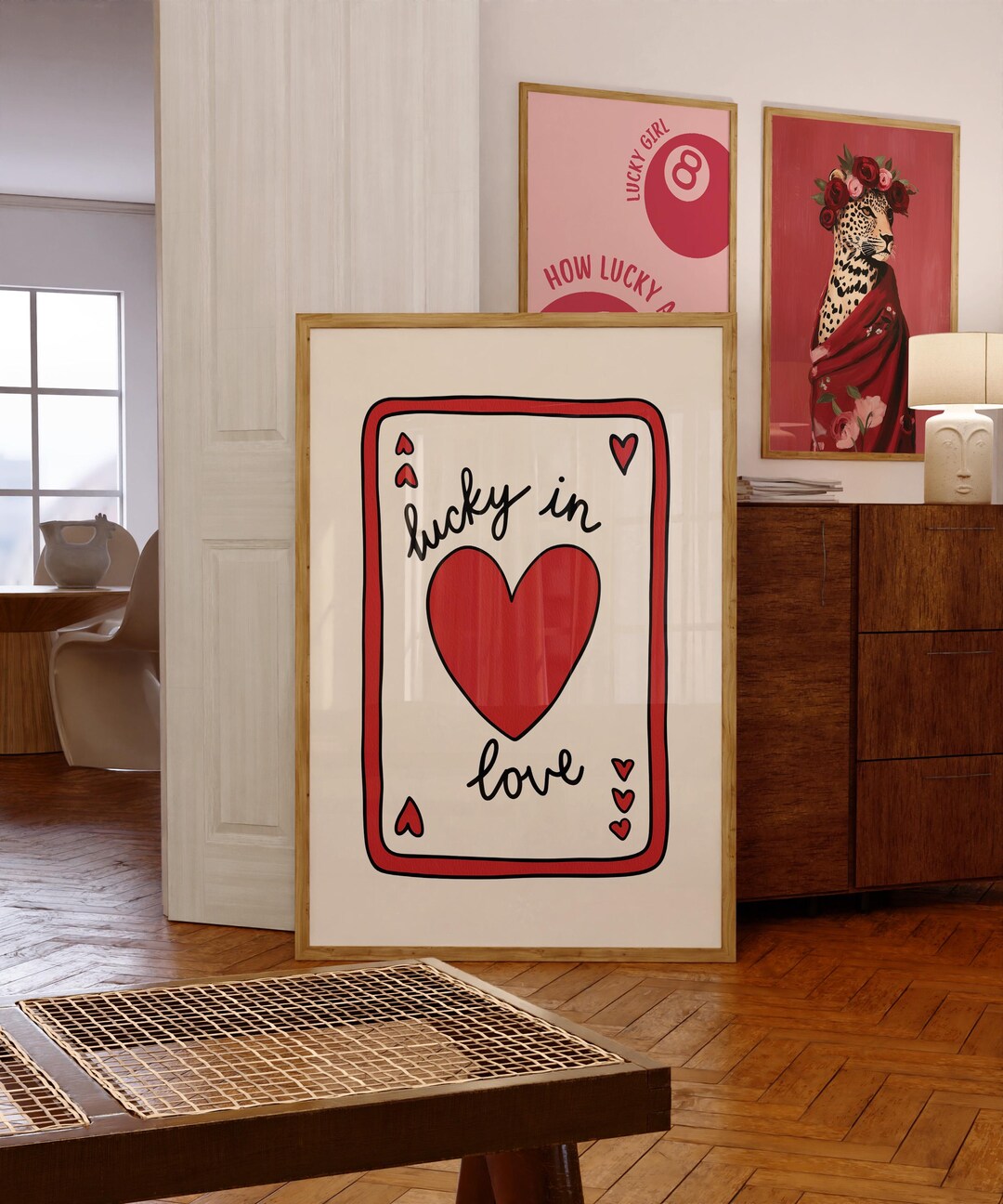 Arte mural "Suerte en el amor", impresión de corazón de naipe, póster ...