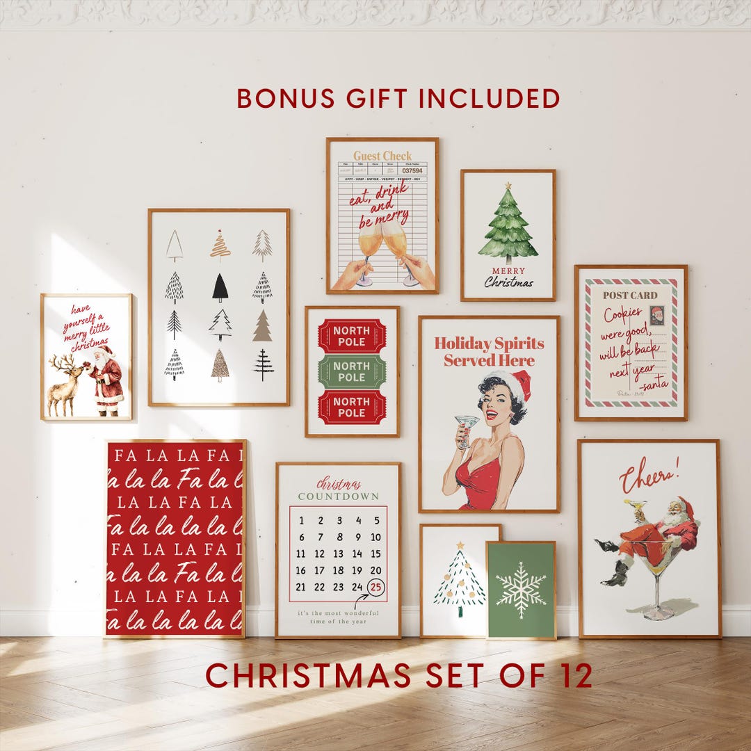 Christmas Wall Art Set of 12, Vintage Holiday Prints, Festive Xmas ...