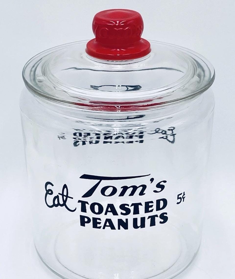Vintage Counter Top Eat Toms Toasted Peanuts Glass Jar 5 Cents Embossed ...