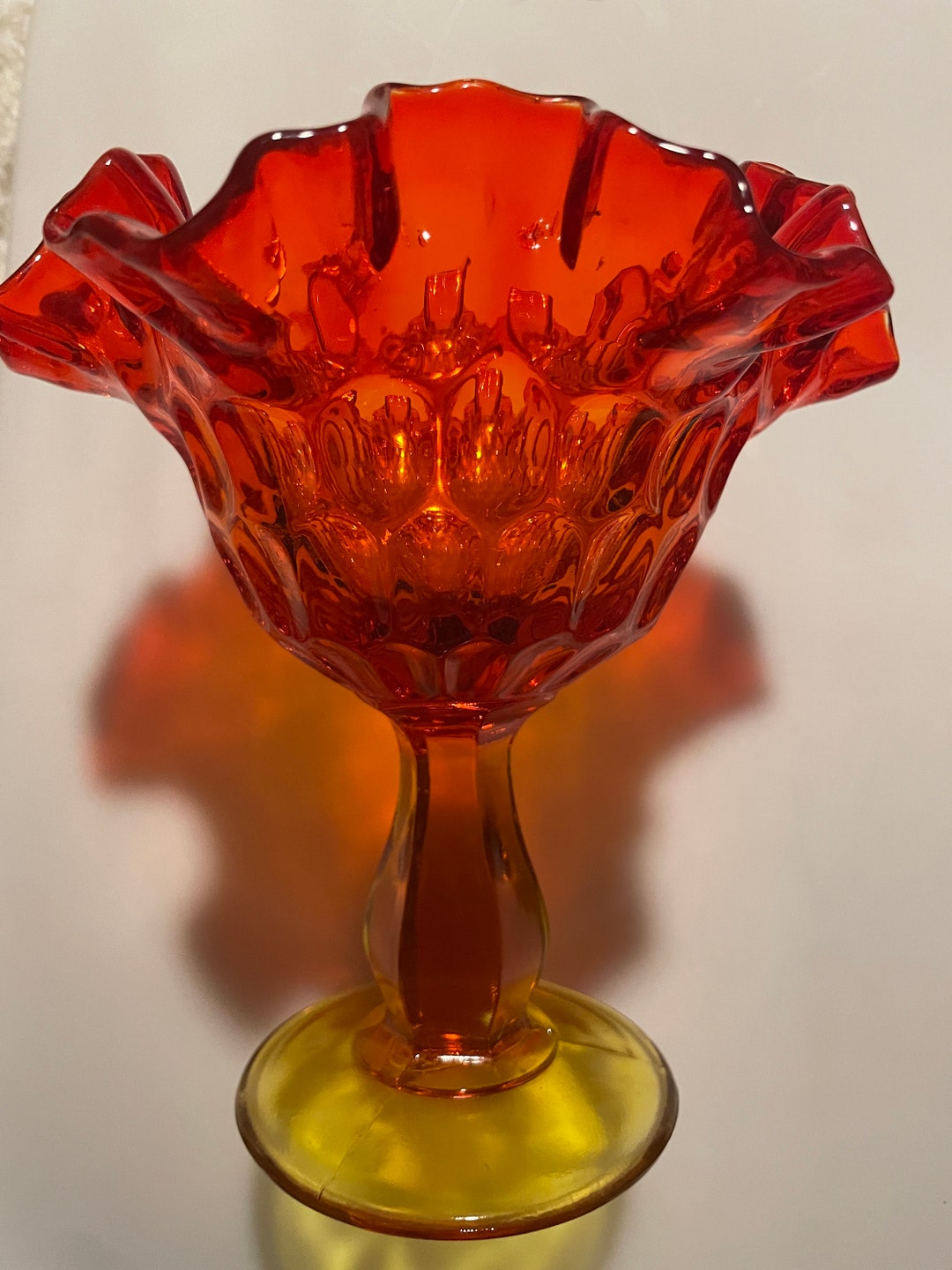 FENTON Ruby Red Footed Candy Dish, Ruffled Top, Yellow Base, Mid ...