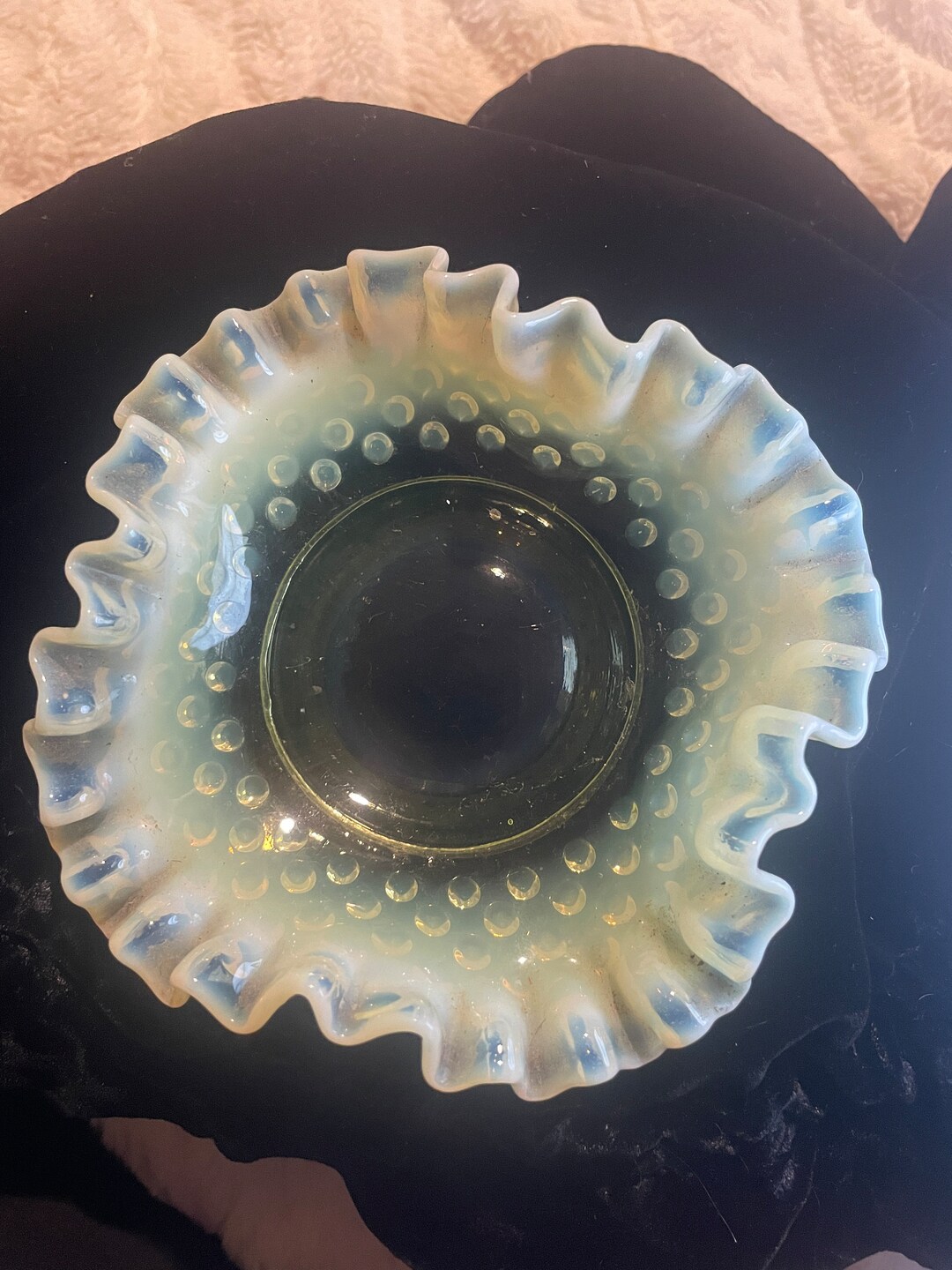 Fenton Canary Vaseline Glass With Custard Ruffle Candy Dish, Vintage ...