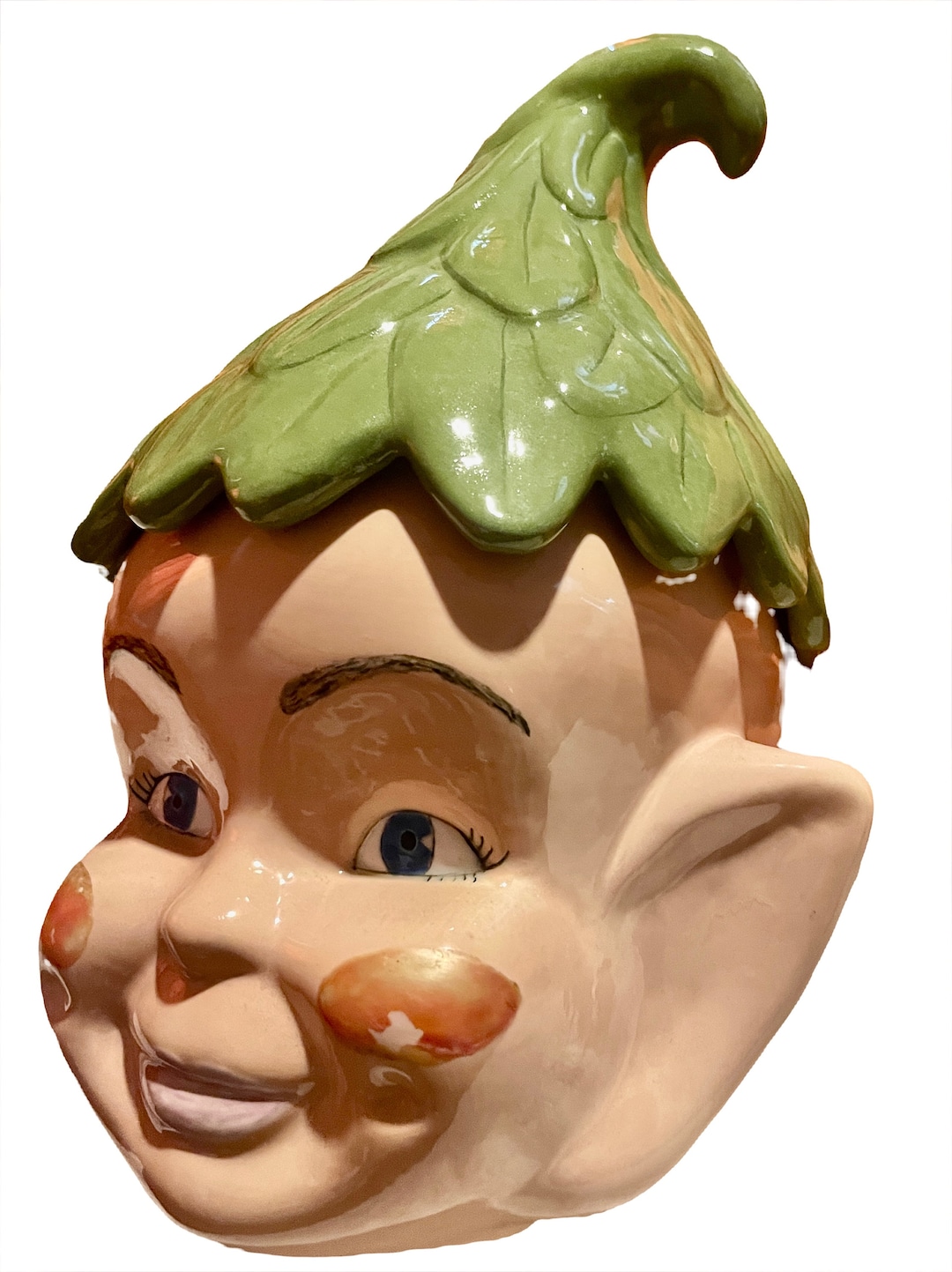 Vintage Elf Pixie Boy Green Hat Dimples Freckles Cookie Jar/canister ...