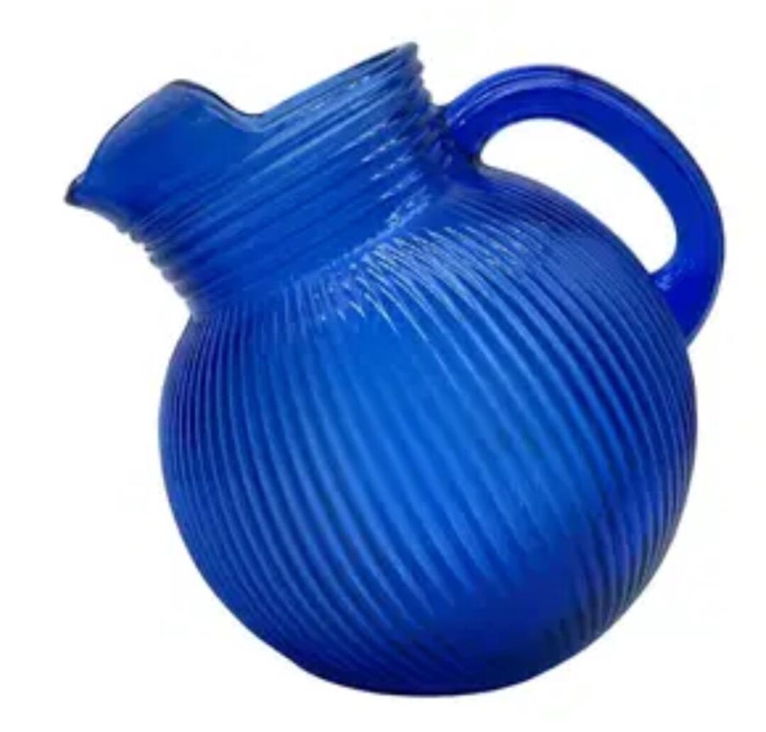 COBALT Blue Glass Fine RIB Ball Pitcher Vintage 1930S Hazel Atlas ...