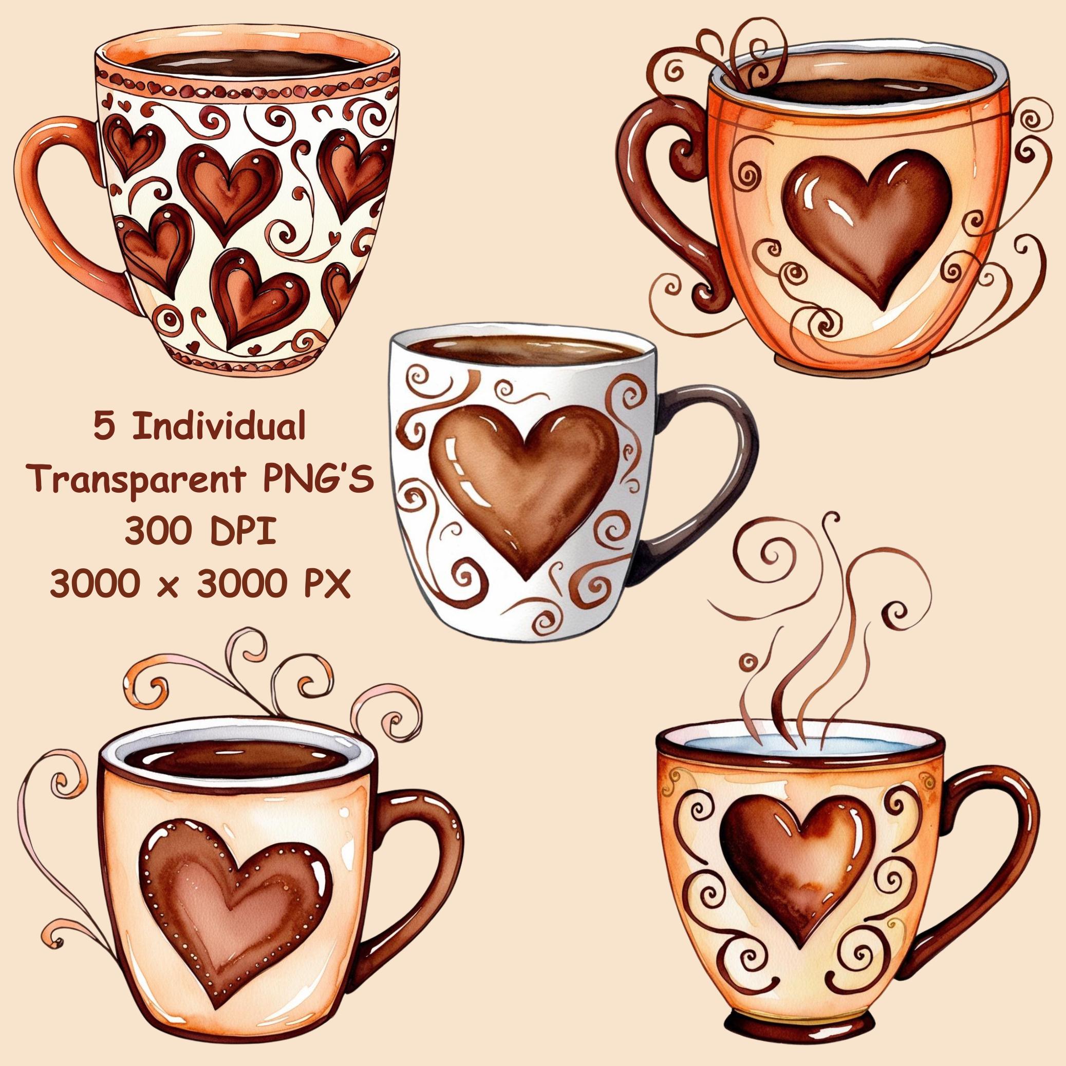 5 Watercolor Cups of Coffee With Hearts, Digital Clipart for Sticker ...
